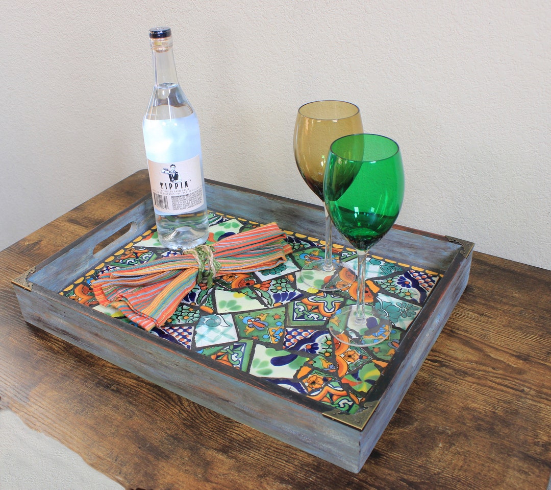 Tile Serving Tray, Food Tray, Beverage Tray, Wood and Tile Tray, Coffee ...