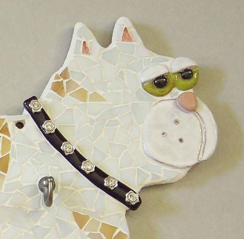 Mosaic White and Tan Striped Cat Key Holder, Mosaic Cat Wall Art, White ...