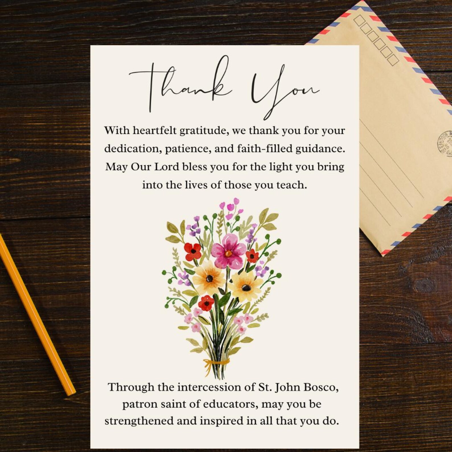 Catholic Teacher Thank You Card: Floral Gratitude Note (PDF) - Etsy
