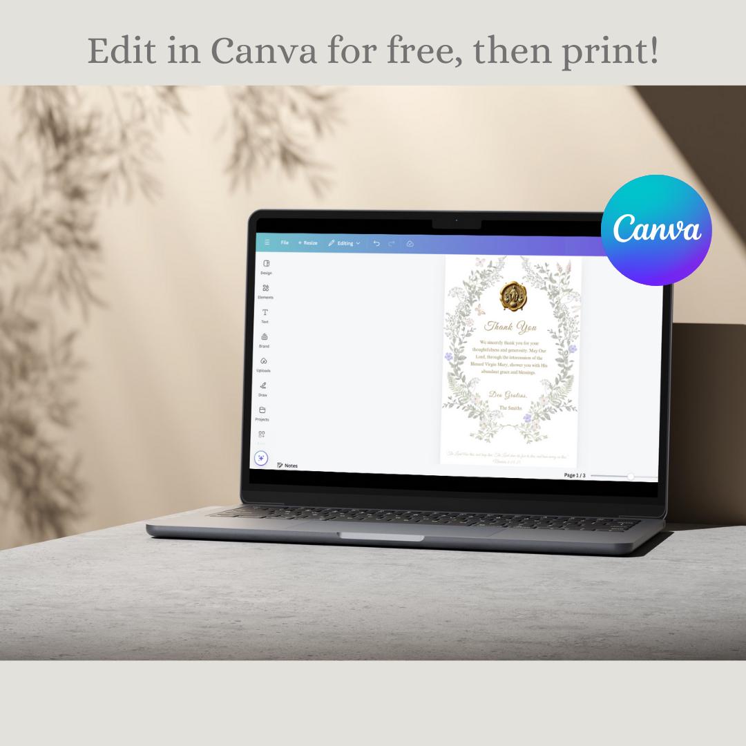 Catholic Thank You Card Template: Floral Religious Design (PDF) - Etsy