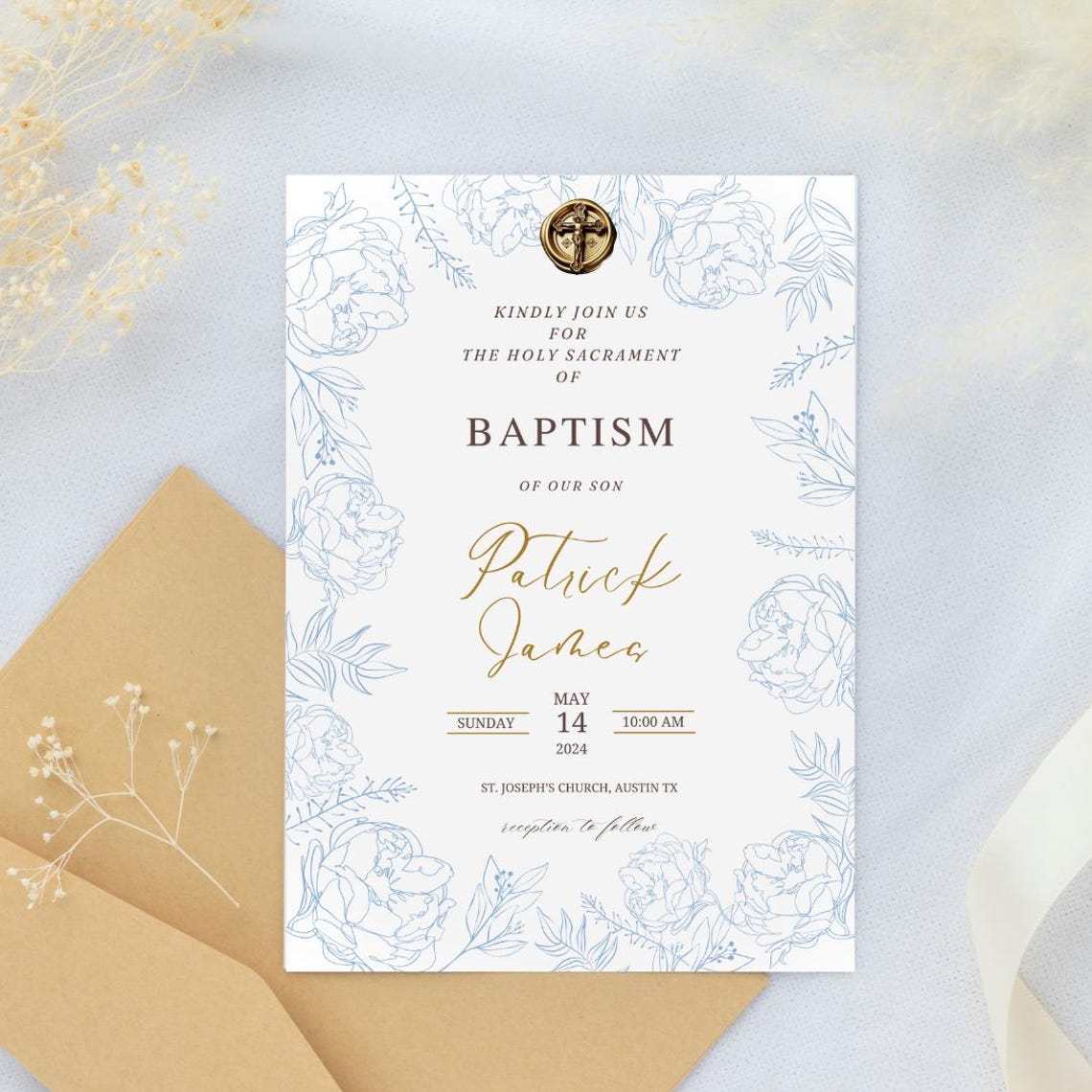 Blue Floral Catholic Baptism Invitation Template (printable PDF) - Etsy