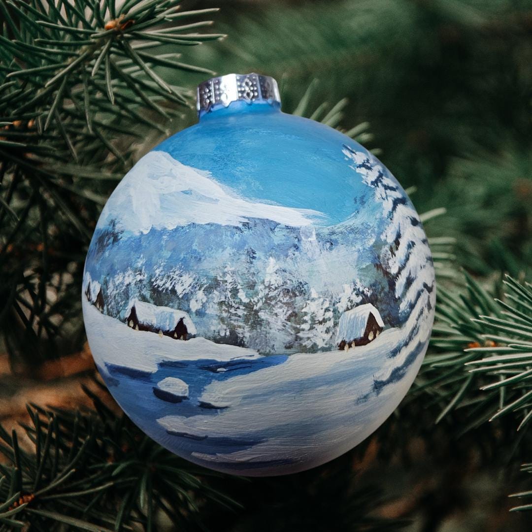 Hand-painted Winter Scene Glass Christmas Ornament: Cabin, Church, or ...
