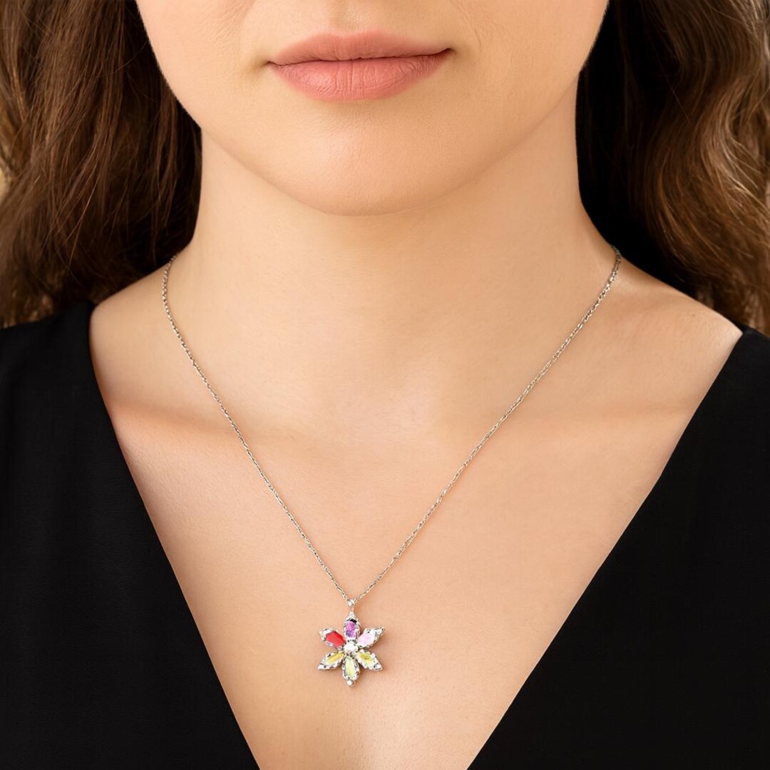 Delicate Rainbow Daisy Necklace, Ruby Flower Pendant, Sapphire ...