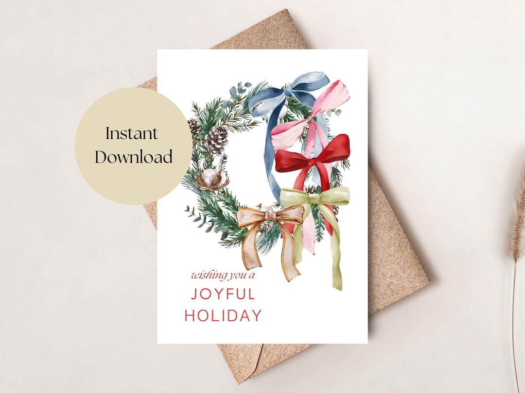 Printable Wishing You a Joyful Holiday Christmas Card, Christmas Wreath ...