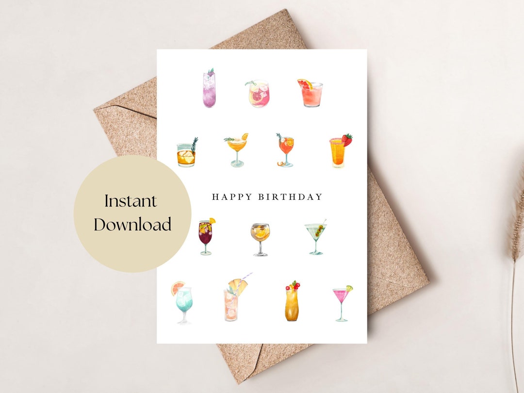 Printable Cocktail Grid Birthday Card, Minimalist Birthday Card ...