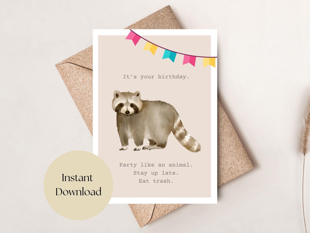 Printable Funny Raccoon Birthday Card, Stay up Late Eat Trash Birthday ...