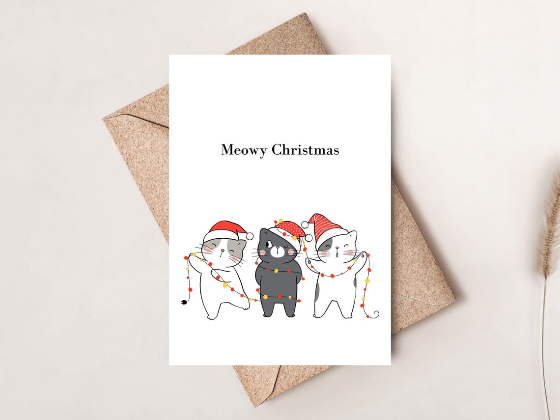 Printable Punny Christmas Card, Cute Cat Themed Christmas Card, Meowy ...