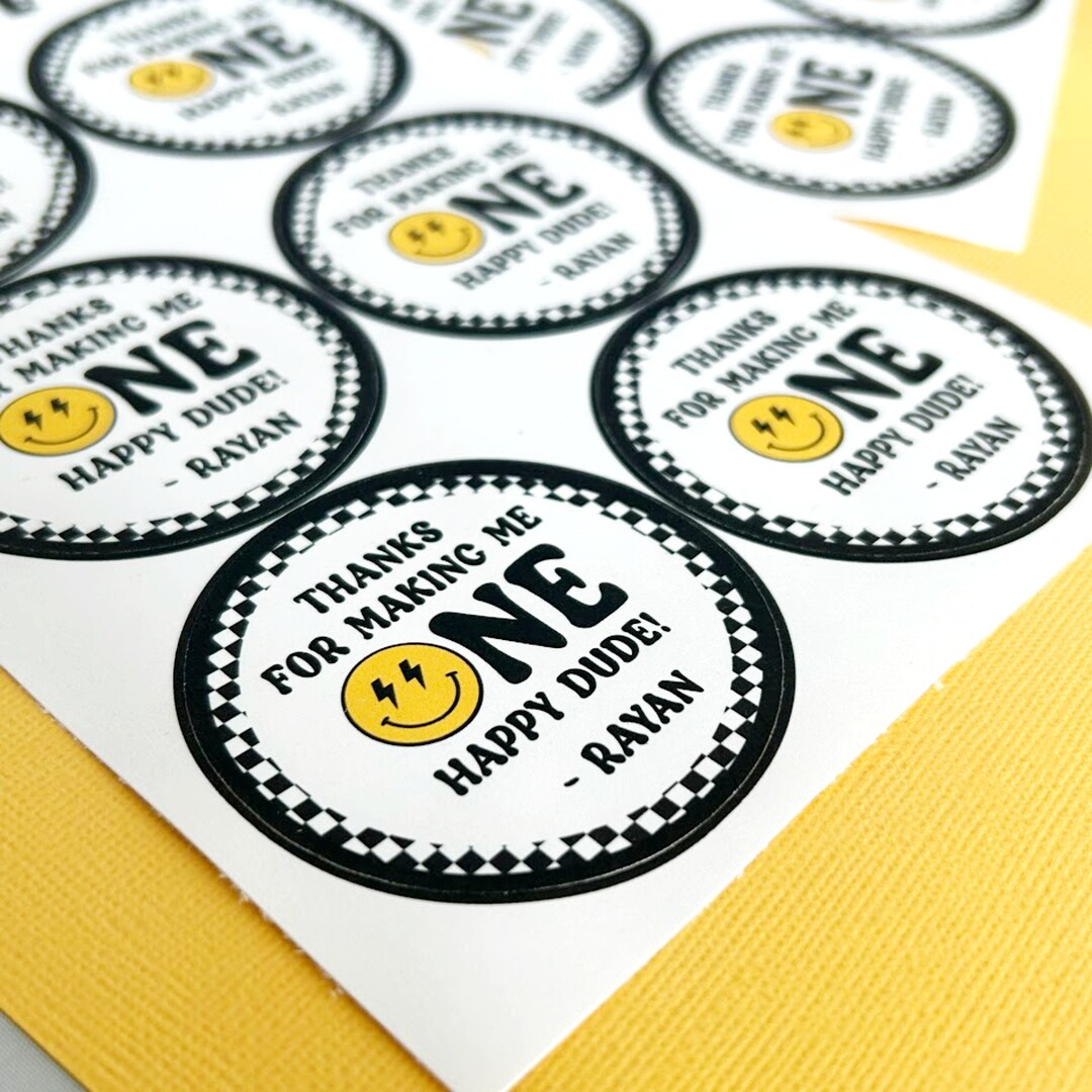 One Happy Dude Stickers, Yellow Smile Face Birthday Thank You Sticker ...