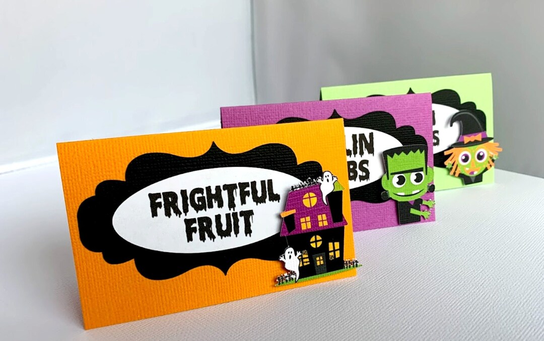 Halloween Food Tent Cards: Frankenstein, Witch, Haunted House, Set of ...