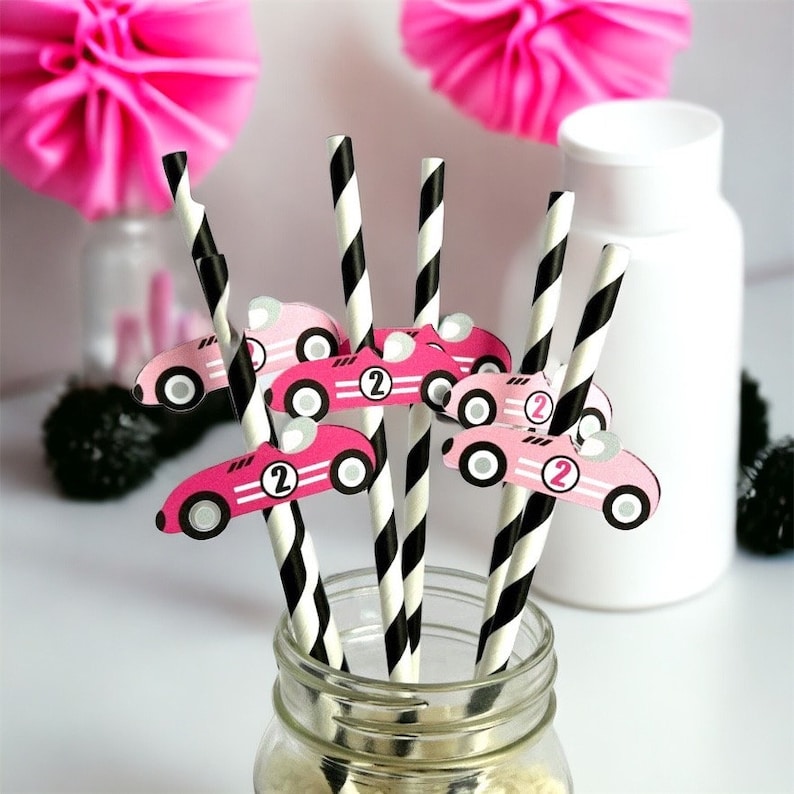 Pink Race Car Straws, Girl Two Fast Party Favor, Fast One Birthday ...