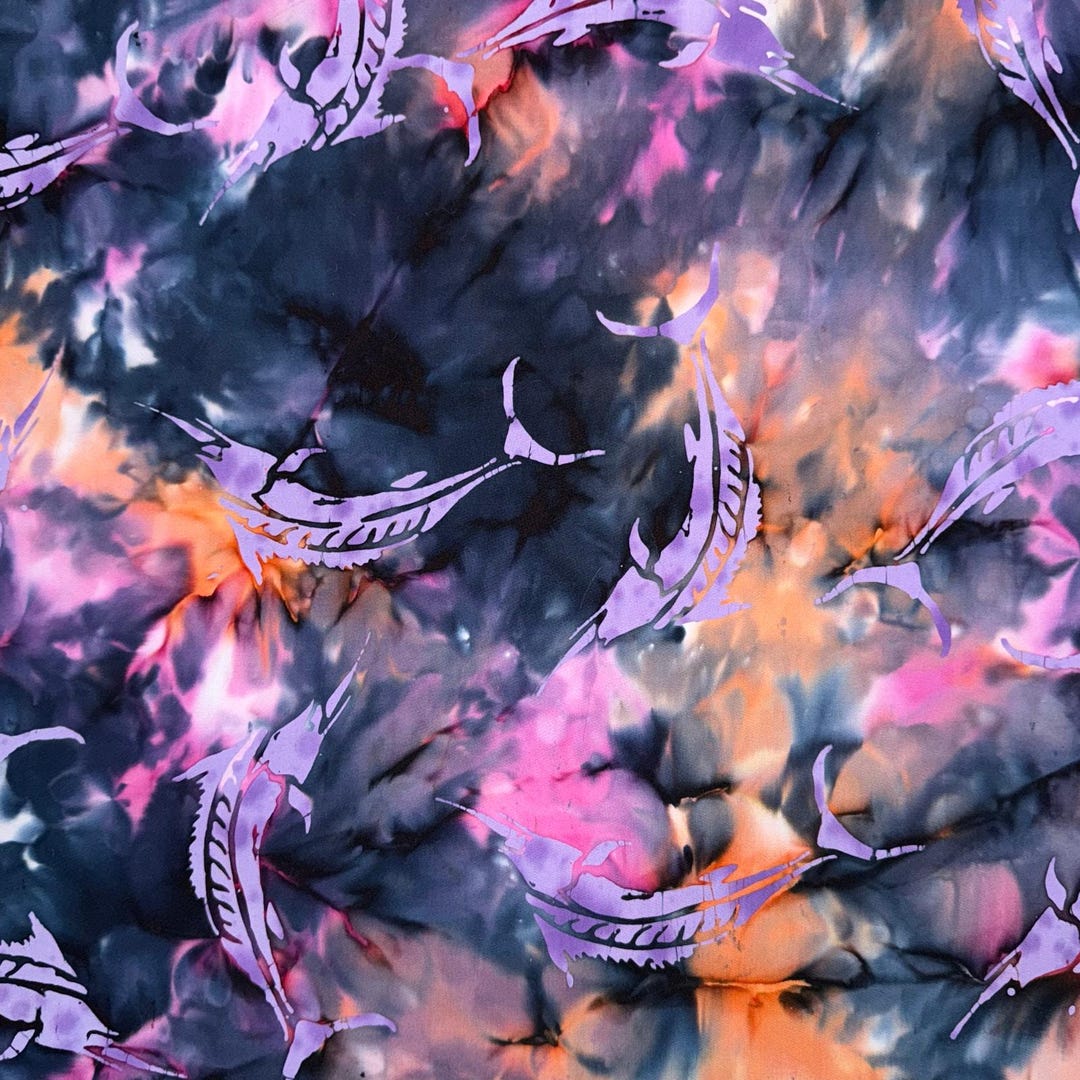 Navy, Orange, Pink, Purple Hand Dyed Marlin Fish Batik Cotton Fabric ...