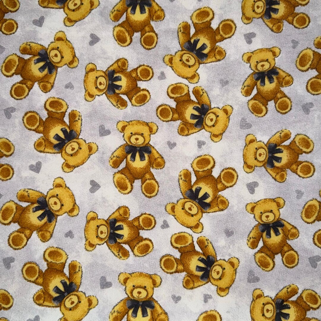 Vintage David Textiles Teddy Bear Blue Bow Flannel Cotton Fabric -1 ...