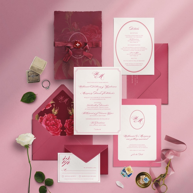 Romantic Pink Vintage Wedding Invitation Suite, Old Money With Elegant ...