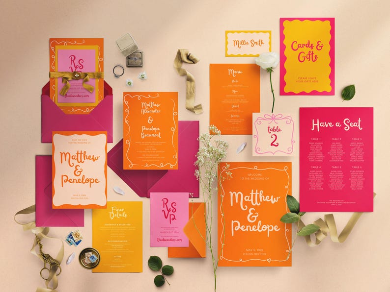Modern Whimsical Wedding Invitation With Bright Summer Color Theme ...