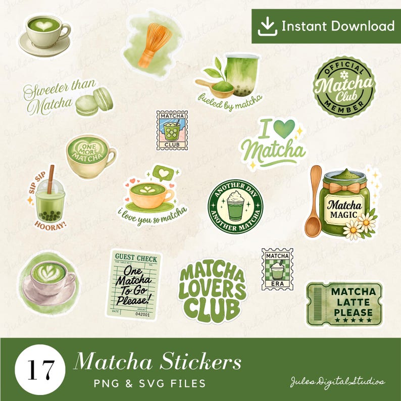 Matcha Digital Stickers Design, PNG Bundle for Goodnotes, Cricut, POD ...