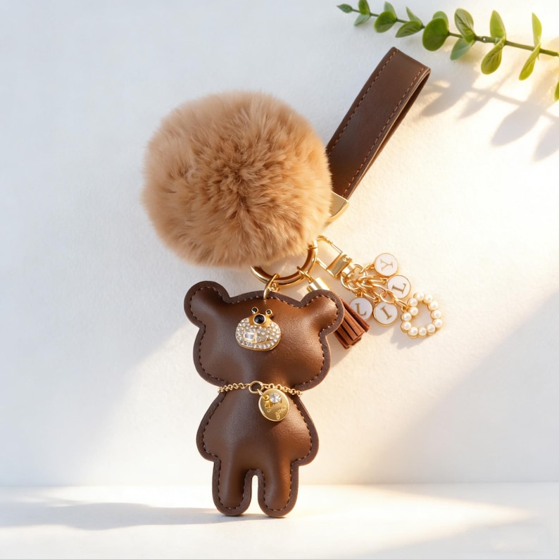Personalized Teddy Bear Plush Bag Charm,luxury Leather Keychain ...