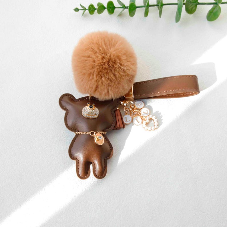 Personalized Teddy Bear Plush Bag Charm,luxury Leather Keychain ...