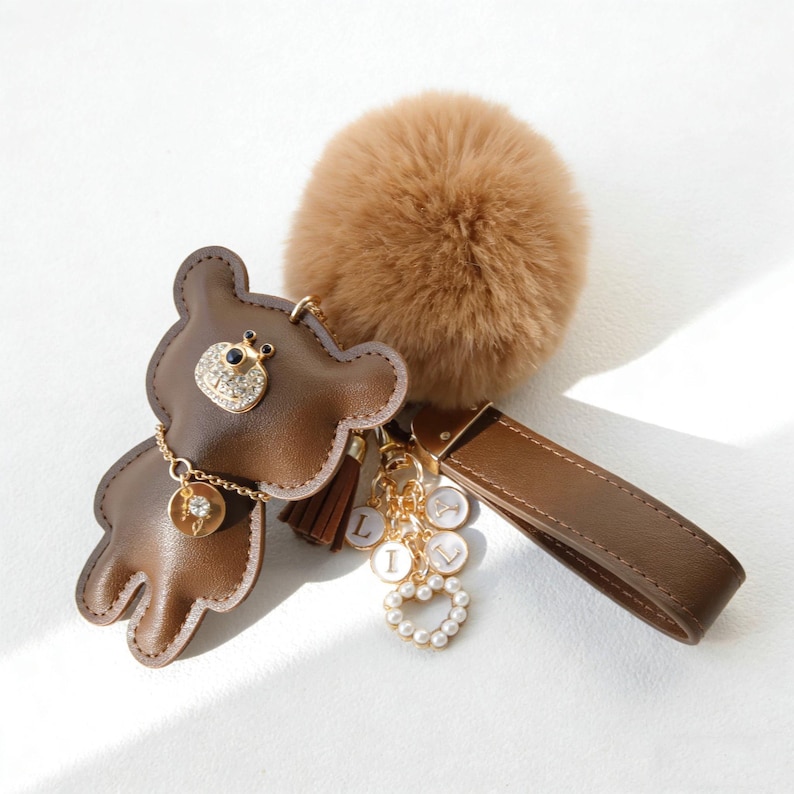 Personalized Teddy Bear Plush Bag Charm,luxury Leather Keychain ...