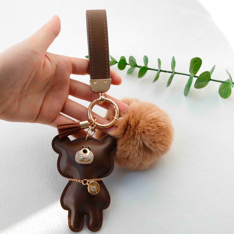 Personalized Teddy Bear Plush Bag Charm,luxury Leather Keychain ...