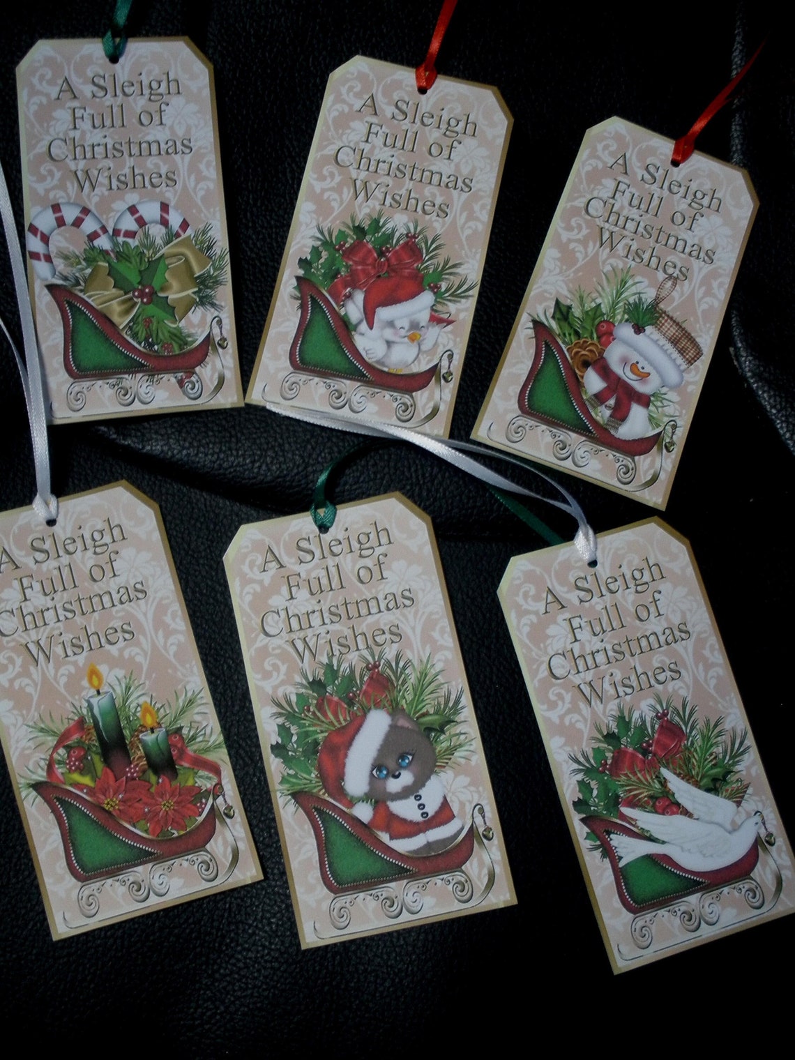 Christmas Sleigh Tags With Matching Ribbons for Gifts Packages Presents ...