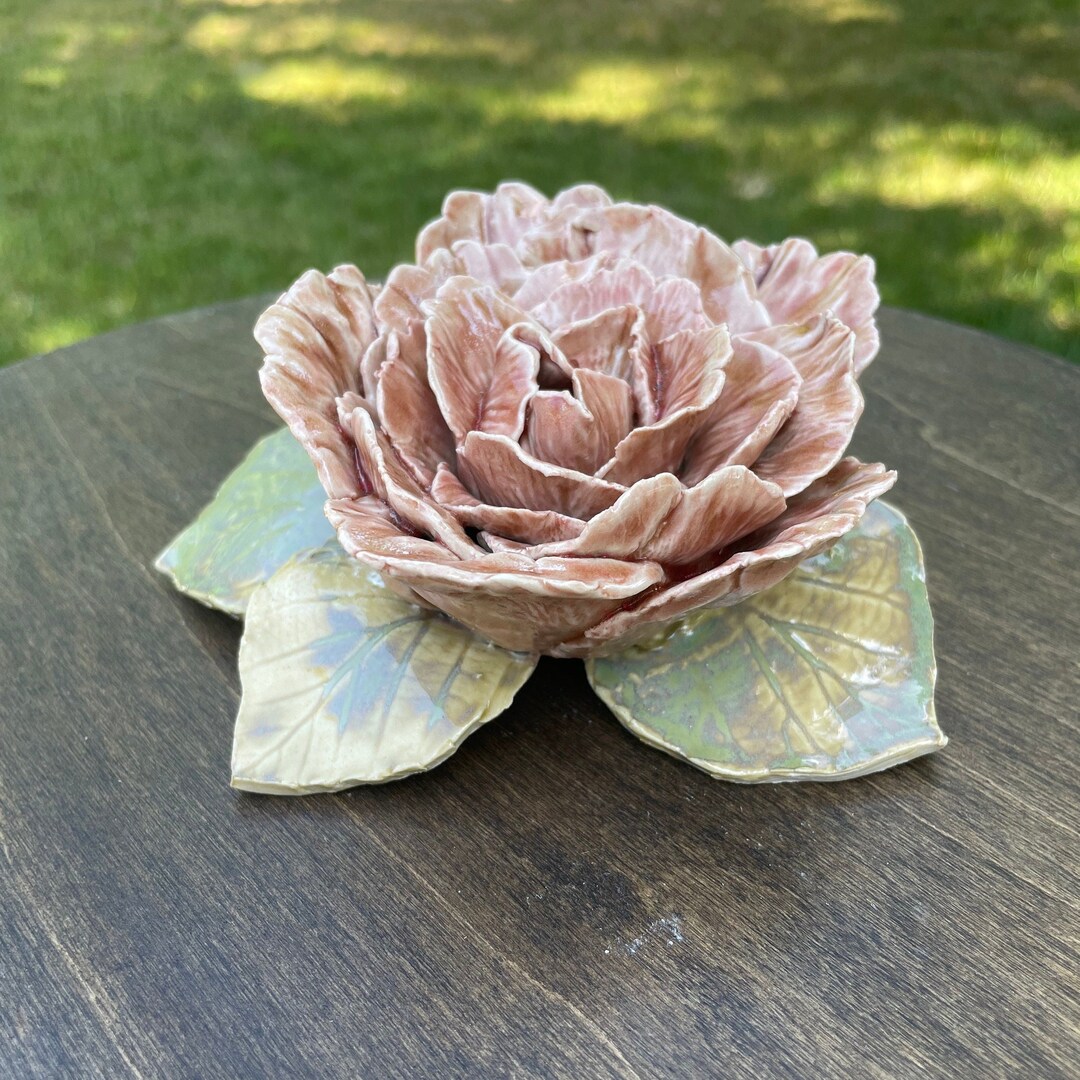 Handmade Ceramic Peony Flower Sculpture Leaves Unique Clay Pottery Hand ...
