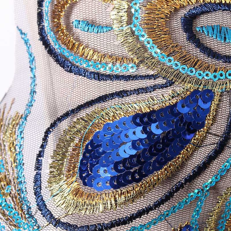 Embroidered Blue Sequins Peacock Feather Applique Patches Sew | Etsy
