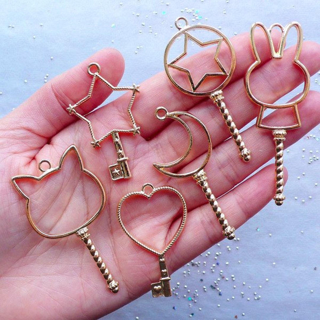 6 Pcs Mix Key Open Bezel Pendant Magic Wand Open Bezel Charm Blank ...