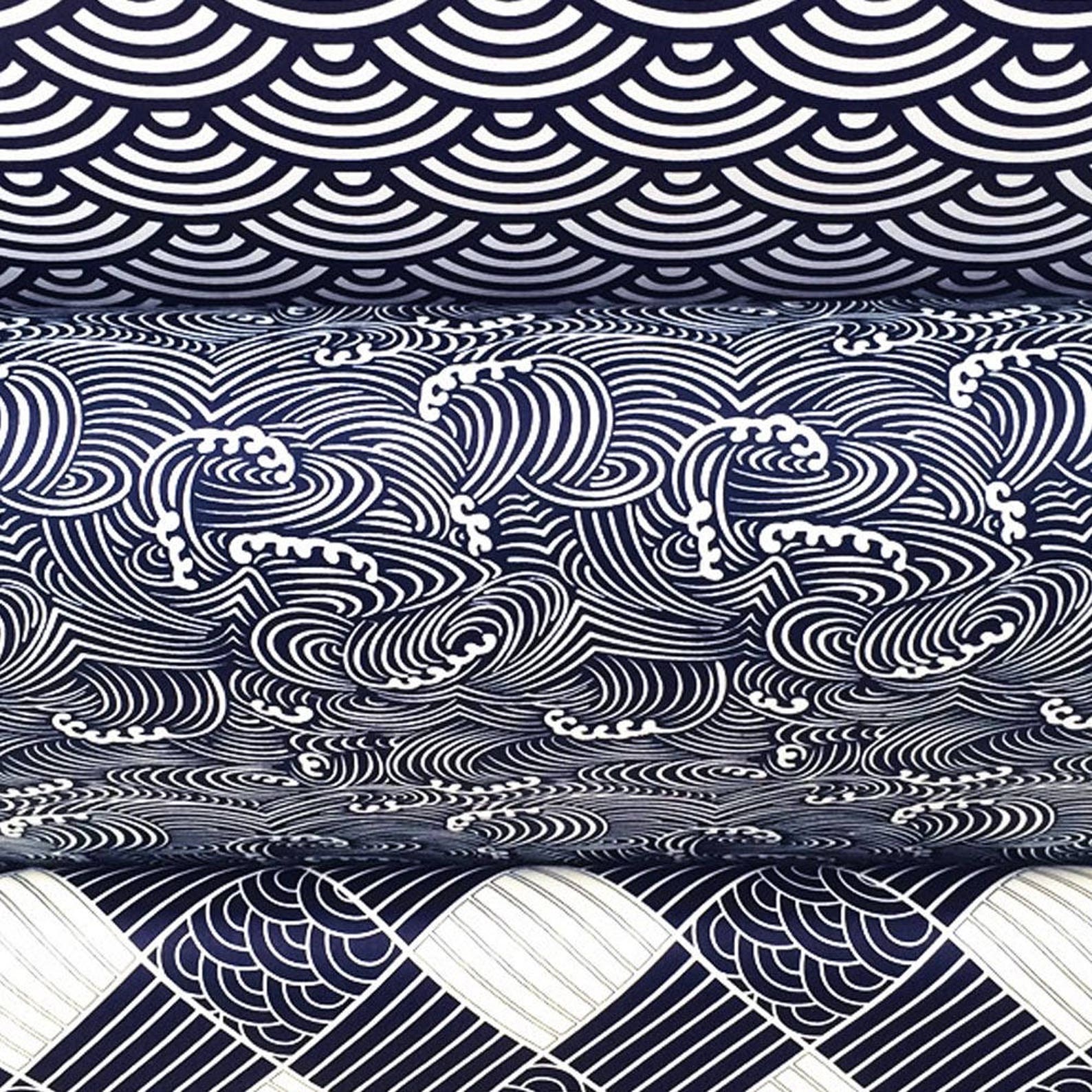 100160cm 100% Cotton Twill Japanese Style Navy Blue Wave | Etsy