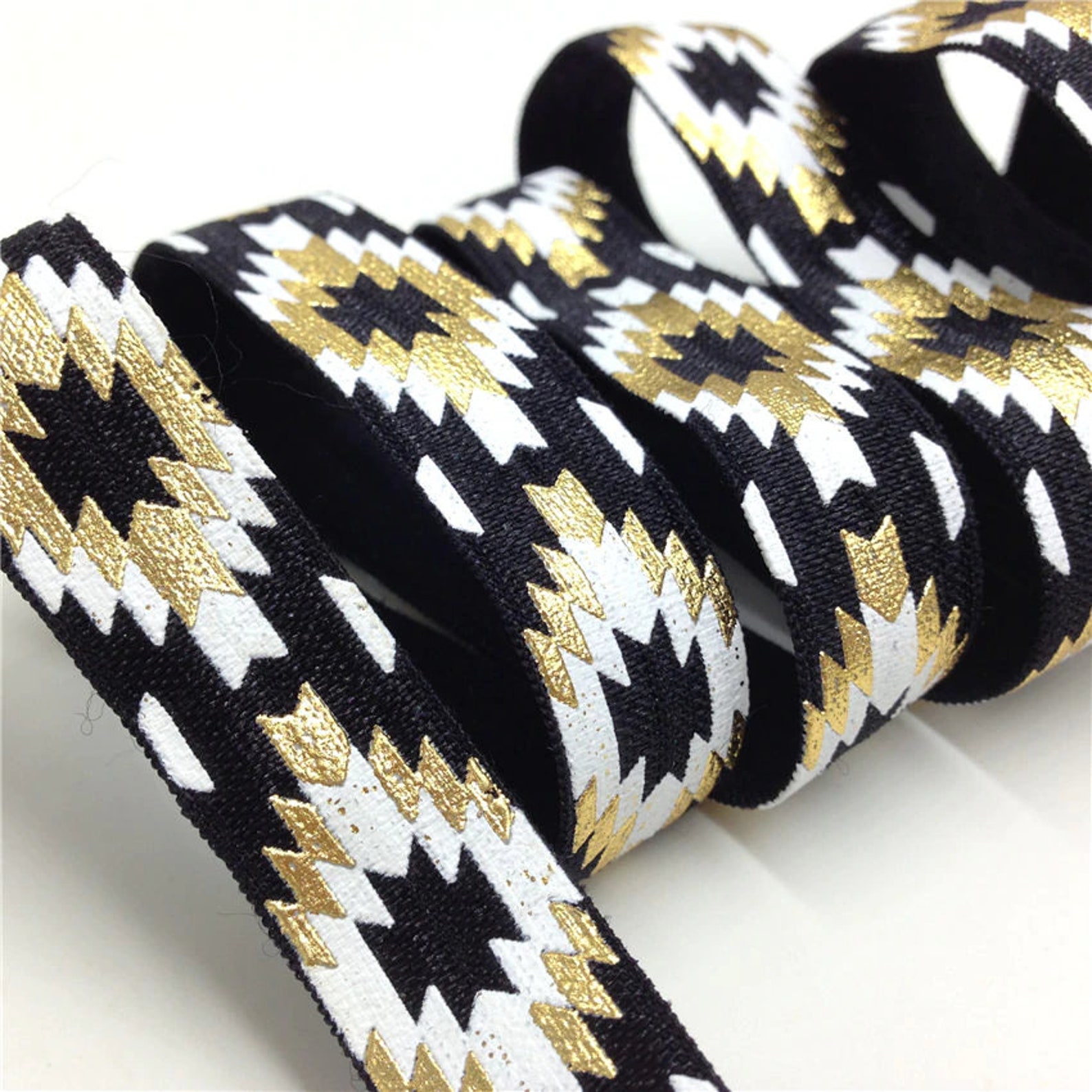 5 Yards 5/8 Black Gold Foil Aztec Printed FOE Elastic Ribbon | Etsy