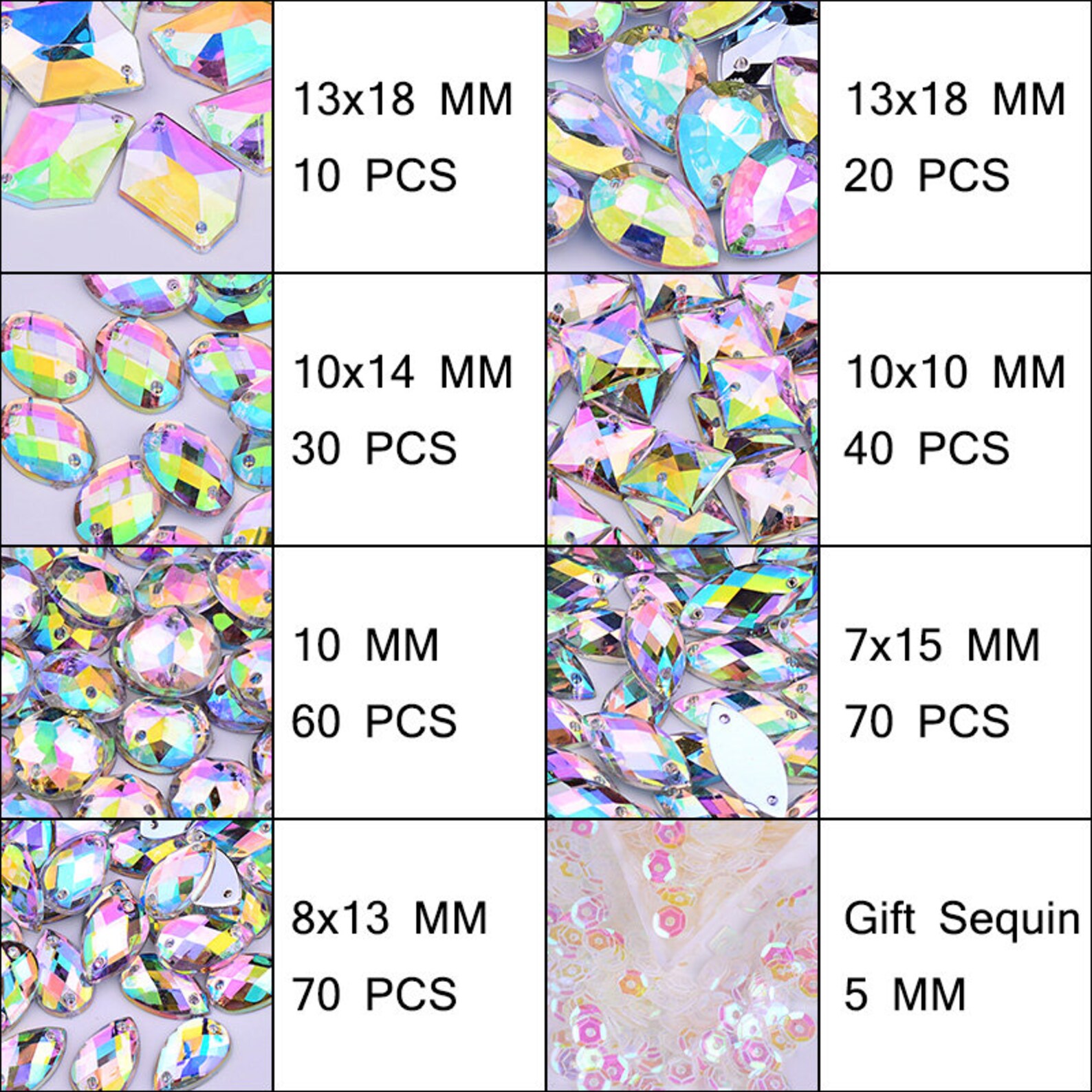 100 Pcs Mix Size Shape Sew on Crystal AB Rhinestones Flat Back - Etsy