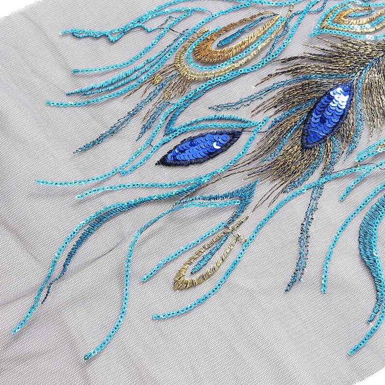 Embroidered Blue Sequins Peacock Feather Applique Patches Sew - Etsy