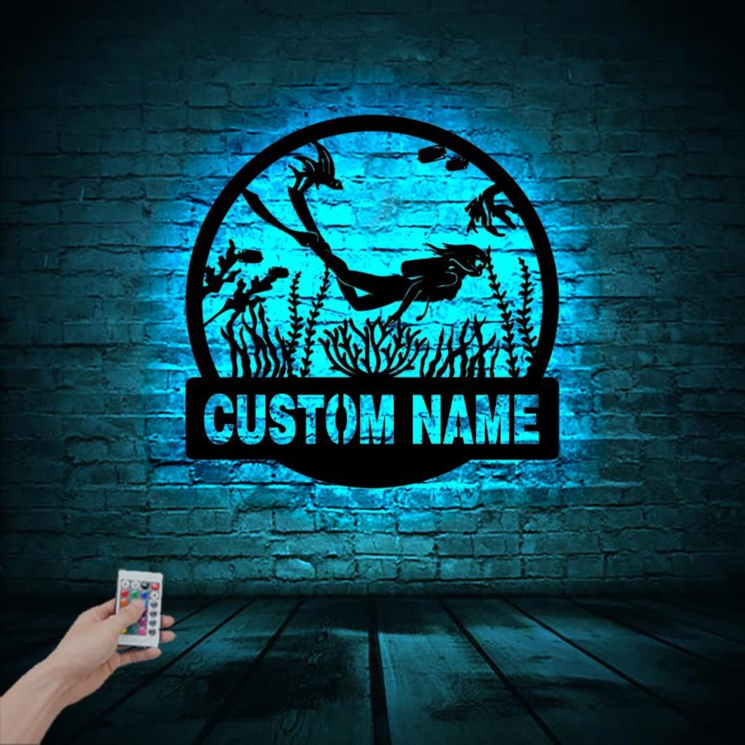 Personalized Scuba Diver Wooden Wall Art: RGB LED Light Decor - Etsy