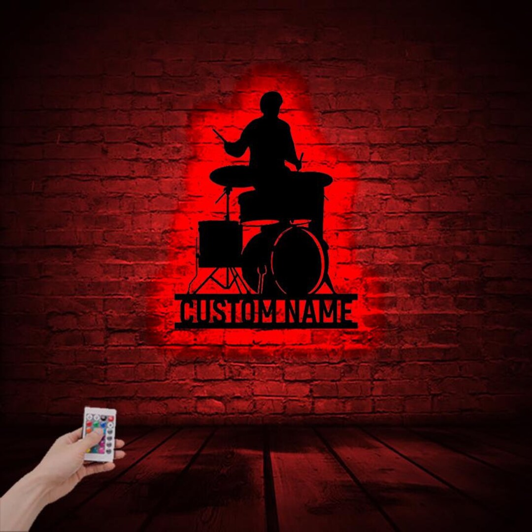 Personalized Drummer Name Wooden Wall Art With Rgb Led Light, Drummer ...