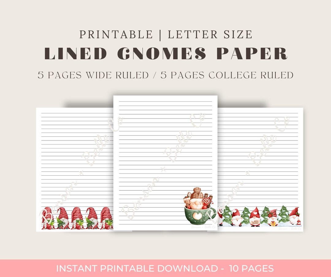 Christmas Gnomes Lined Paper | 10-page Printable Set | 5 Wide Ruled + 5 ...