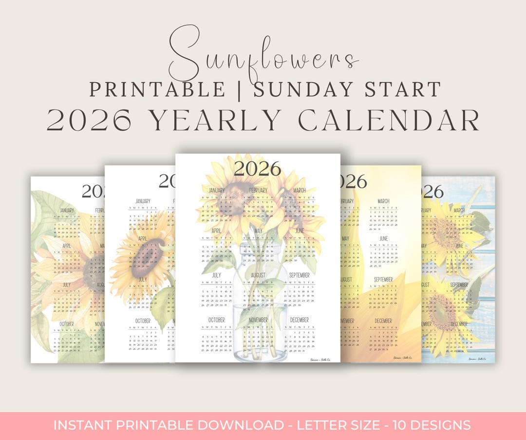 2026 Sunflowers Printable Calendar | Digital Download | 10 Floral ...