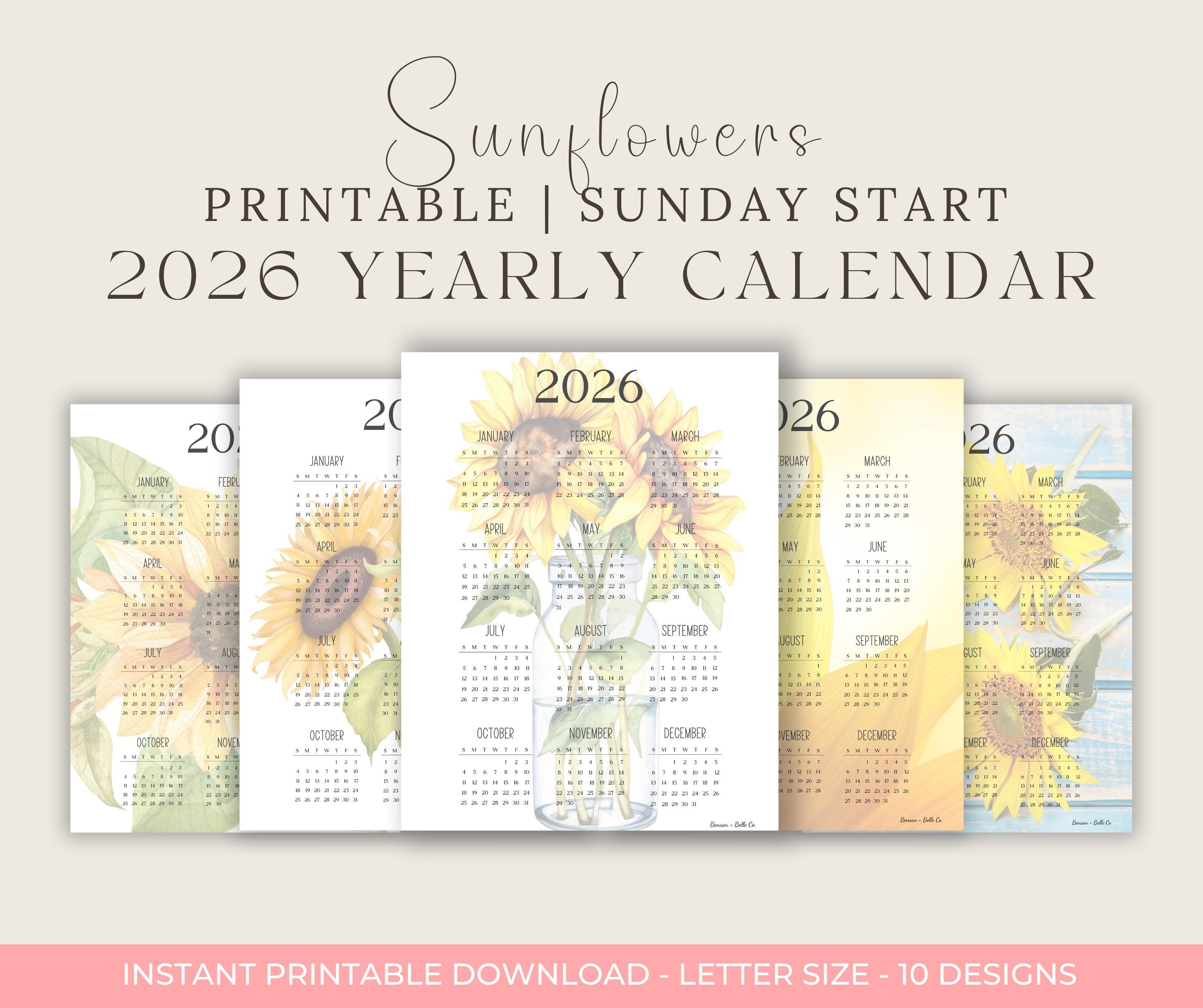 2026 Sunflowers Printable Calendar | Digital Download | 10 Floral ...