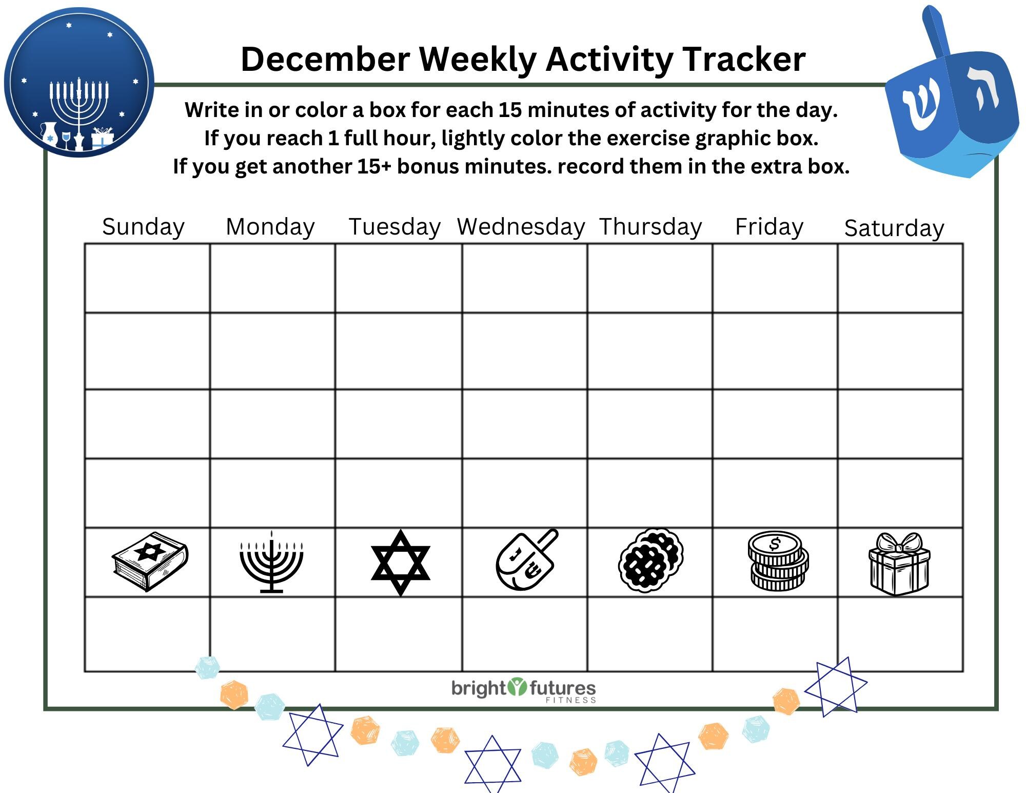 Printable Children's Exercise Activity Tracker December Hannukah ...