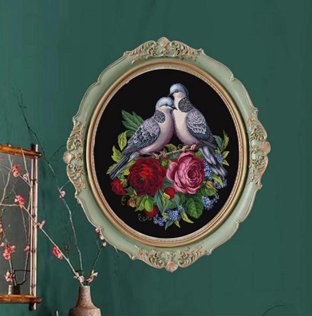 Two Pigeons on Flowers - Etsy