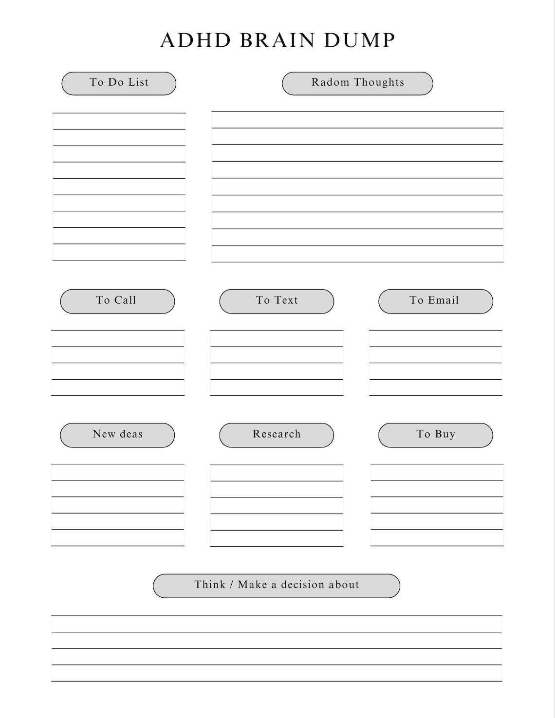 Brain Dump Template/ ADHD Template / Organizer / Thoughts / to Do List ...