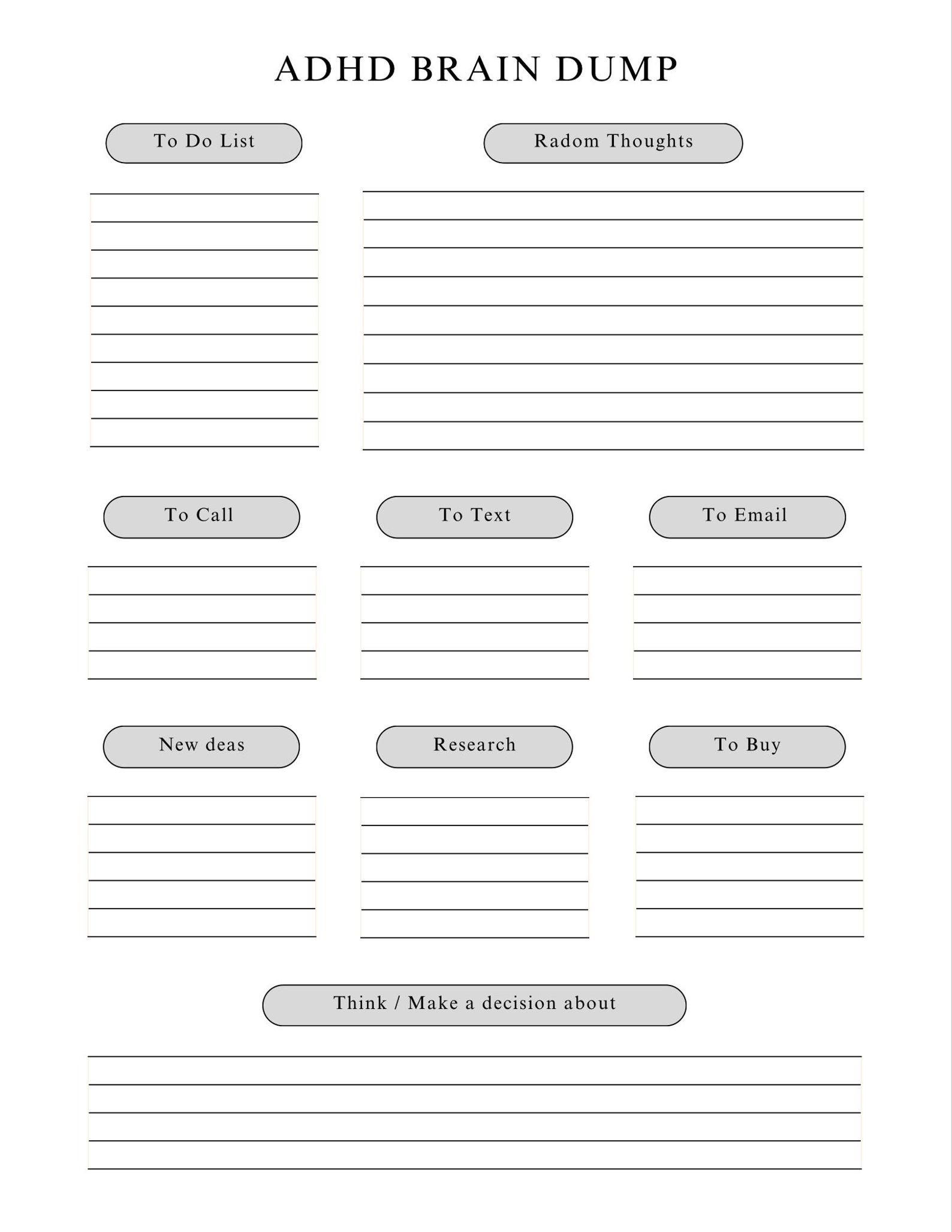 Brain Dump Template/ ADHD Template / Organizer / Thoughts / to Do List ...