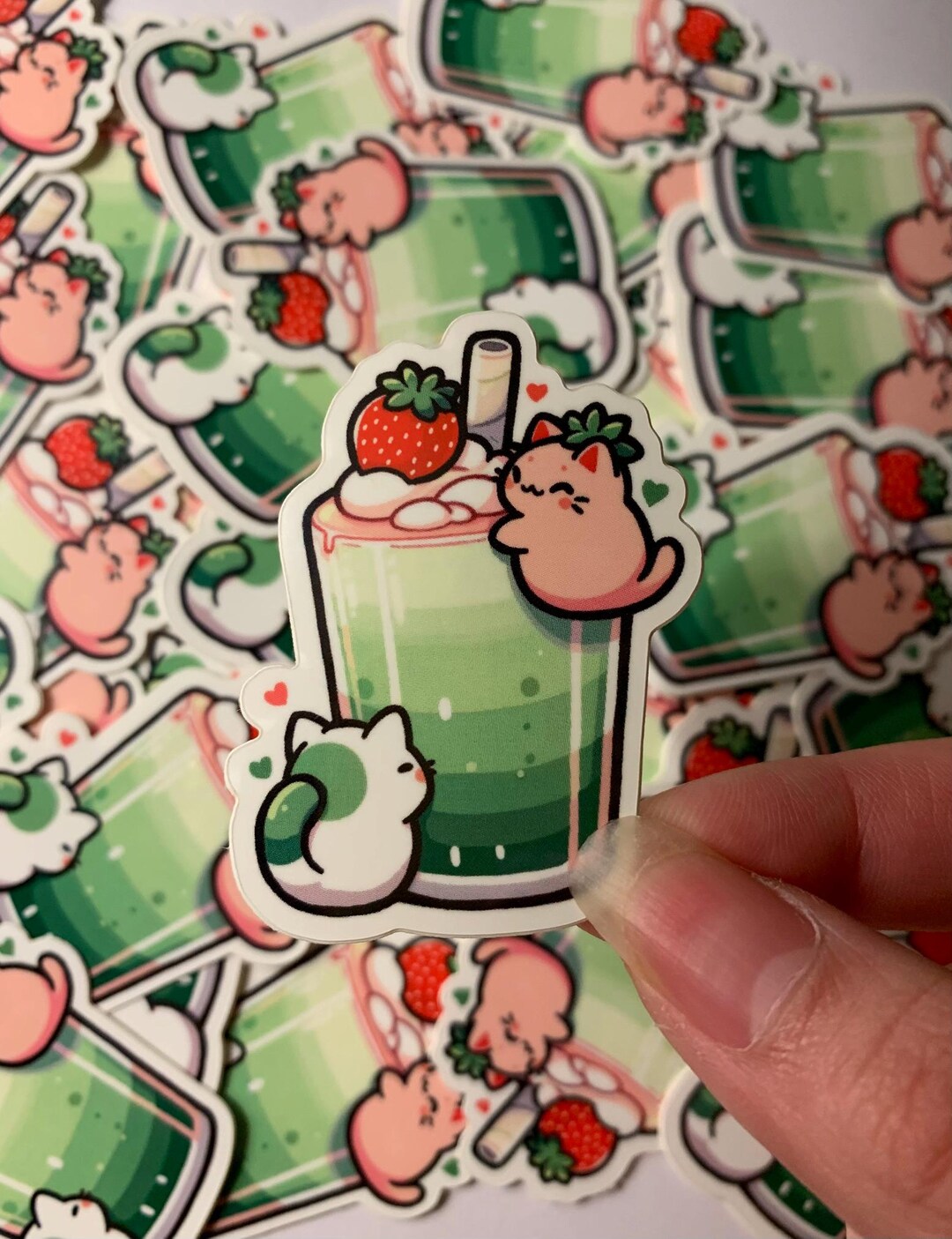Strawberry Matcha Cats Love Laminated Vinyl Sticker, Handmade Sticker ...