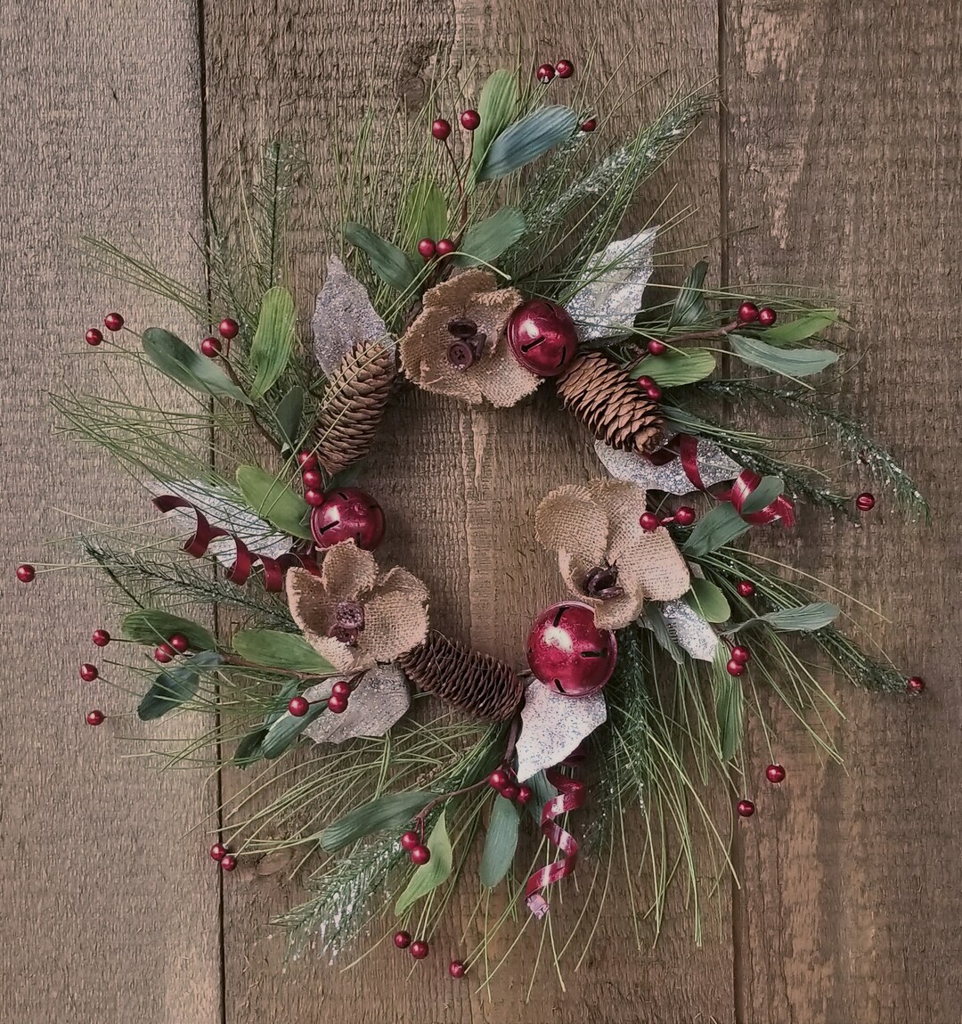Rustic Pine, Sleigh Bell and Burlap Wreath, Holiday Wreath, Rustic ...