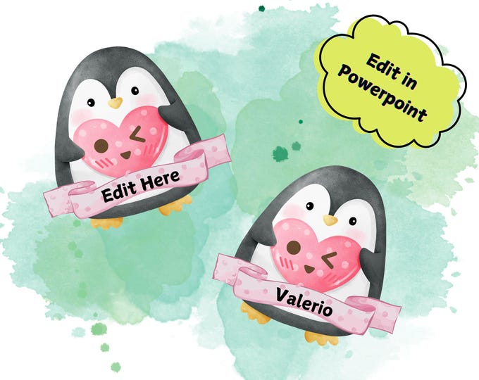 Penguin Valentine's Day Name Tags Editable Desk Plates , Cubby Name ...