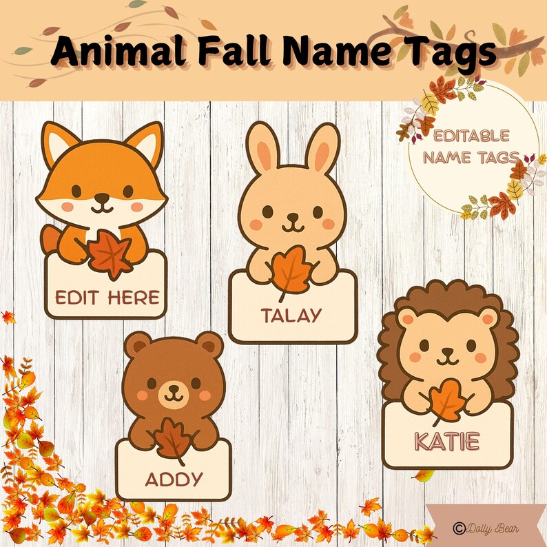 Animal Fall Name Tags Editable Desk Plates , Cubby Name Tags , Animal ...
