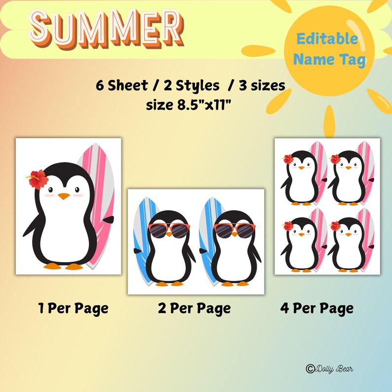 Summer Penguin Name Tags Editable Desk Plates , Cubby Name Tags ...