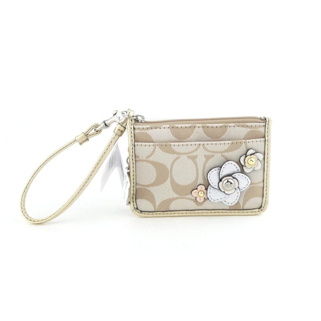 Coach Signature Flower Applique Light Khaki Gold ID Skinny Wristlet NWT ...