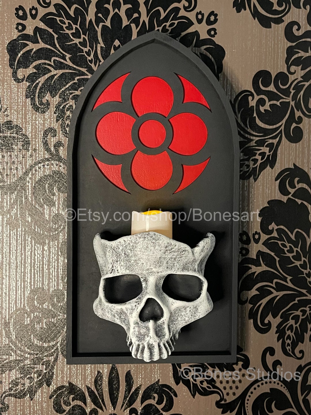 Gothic Rounded Cathedral Skull Sconce With LED Votive Spooky Halloween ...