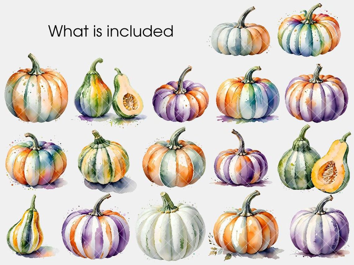 Colorful Pumpkin Watercolor Clipart Set: Fall PNG Images (digital ...