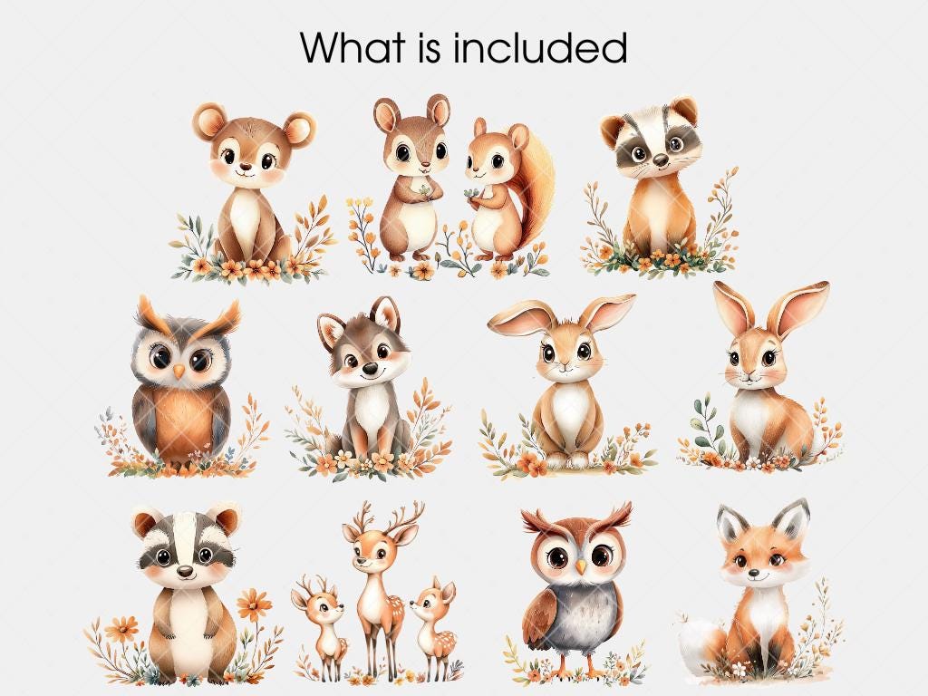 Woodland Animals Watercolor Clipart Set, Animals, Floral, Forest, Cute ...