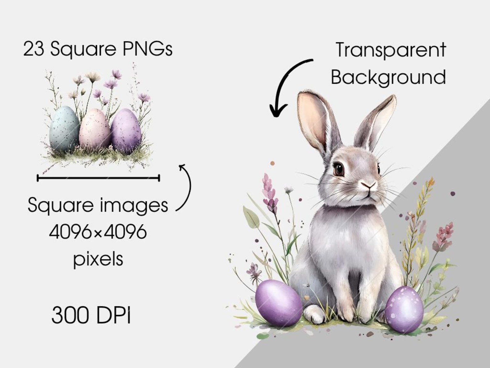 Watercolor Easter Clipart: Bunny & Eggs, Pastel Colors (PNG Digital ...